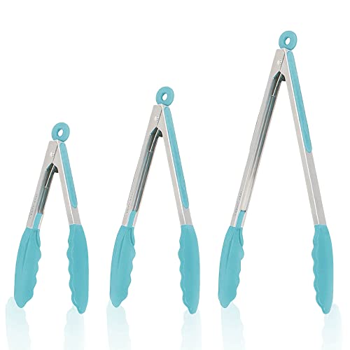 Silicone Kitchen Tongs for Cooking with Silicone Tips, Heat Resistant Tongs for Serving Food, 7-Inch, 9-Inch, 12-Inch Locking Silicone Tongs, Set of 3 Salad Tongs, Aqua Sky Kitchen Utensils