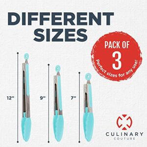 Silicone Kitchen Tongs for Cooking with Silicone Tips, Heat Resistant Tongs for Serving Food, 7-Inch, 9-Inch, 12-Inch Locking Silicone Tongs, Set of 3 Salad Tongs, Aqua Sky Kitchen Utensils