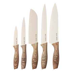 rae dunn everyday collection set of 5 stainless steel knives with sheaths- chef, paring, bread, santoku knives- (white)