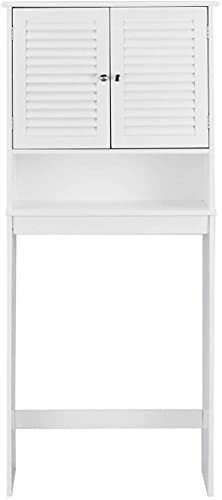 Squareful Over-The-Toilet Bathroom Storage Shelf, Freestanding Storage Organizer w/Louvre Door & 1 Open Shelf, Bathroom Space Saver, White, (HW66126)