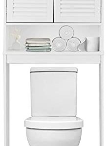 Squareful Over-The-Toilet Bathroom Storage Shelf, Freestanding Storage Organizer w/Louvre Door & 1 Open Shelf, Bathroom Space Saver, White, (HW66126)