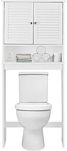 Squareful Over-The-Toilet Bathroom Storage Shelf, Freestanding Storage Organizer w/Louvre Door & 1 Open Shelf, Bathroom Space Saver, White, (HW66126)