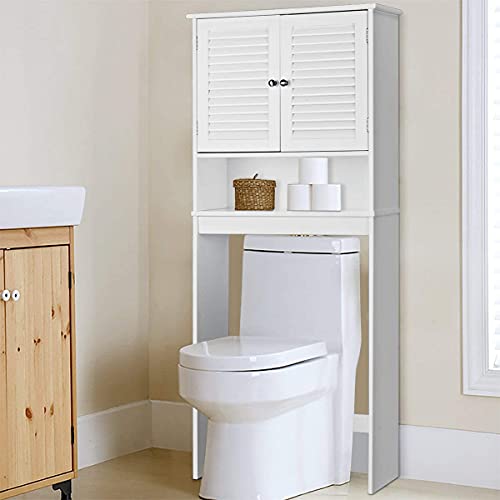 Squareful Over-The-Toilet Bathroom Storage Shelf, Freestanding Storage Organizer w/Louvre Door & 1 Open Shelf, Bathroom Space Saver, White, (HW66126)