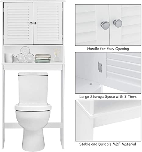 Squareful Over-The-Toilet Bathroom Storage Shelf, Freestanding Storage Organizer w/Louvre Door & 1 Open Shelf, Bathroom Space Saver, White, (HW66126)