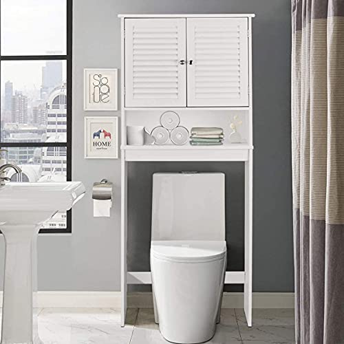 Squareful Over-The-Toilet Bathroom Storage Shelf, Freestanding Storage Organizer w/Louvre Door & 1 Open Shelf, Bathroom Space Saver, White, (HW66126)