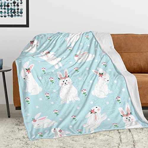 FJPT Easter Spring Throw Blanket Bunnies and Flowers Throw Cozy&Soft Plush Blankets for Couch Bed Sofa Travelling Camping for Adults/Kids - Blue White (30" x 40")