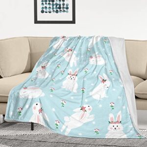 FJPT Easter Spring Throw Blanket Bunnies and Flowers Throw Cozy&Soft Plush Blankets for Couch Bed Sofa Travelling Camping for Adults/Kids - Blue White (30" x 40")