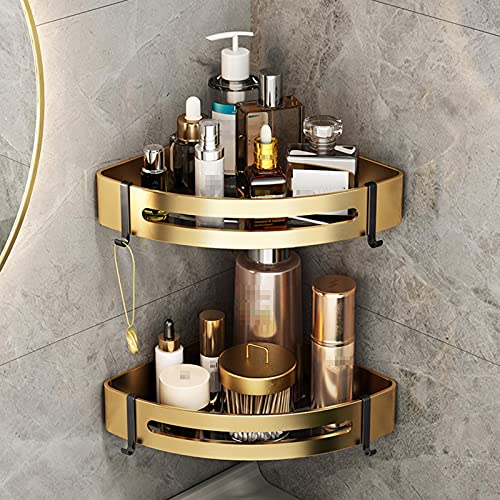 YZPFSD 2-Pack Shower Shelves for Tile Walls Aluminum Corner Shower Basket Caddy for Shampoo Conditioner, Bathroom/Kitchen Storage Organizer with Razor Holder No Drilling,Gold