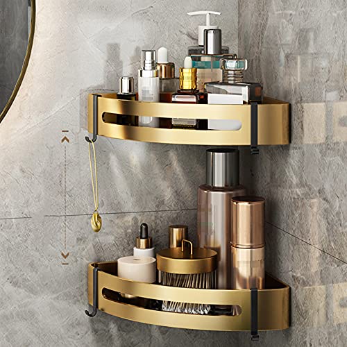 YZPFSD 2-Pack Shower Shelves for Tile Walls Aluminum Corner Shower Basket Caddy for Shampoo Conditioner, Bathroom/Kitchen Storage Organizer with Razor Holder No Drilling,Gold