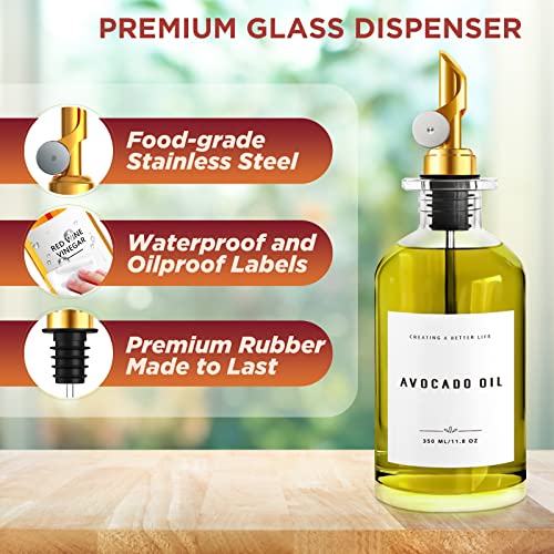 JOUXKOT Glass Oil Dispenser 4 Pack, Oil and Vinegar Dispenser Set w. Brass Color Weighted Pourer, Olive Oil Dispenser, Coffee Syrup Dispenser, Oil Dispenser Bottle for Kitchen