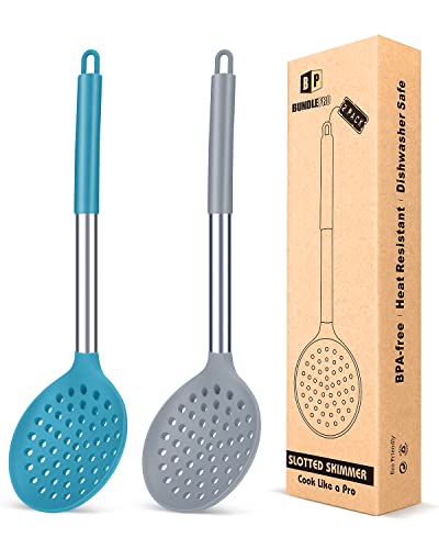 Kitchen Ladle Strainer Set of 2 Large Slotted Spoon with High Heat Resistant BPA Free Non Stick Cooking Skimmers For Draining & Frying (Grey and Teal Blue)