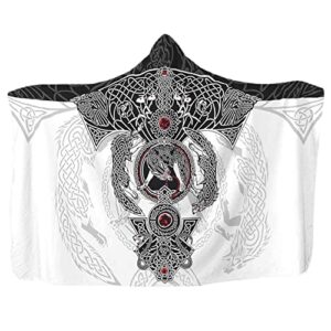 dfwy men women's viking hooded blanket cloak - norse wolf head fenrir tattoo 3d print plush wearable blankets - novelty winter warm super soft blanket bath sheet (color : c, size : 50 * 60 inch)