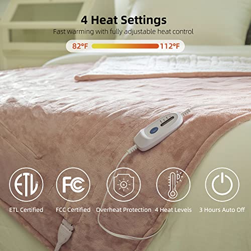 GOTCOZY Heated Blanket Electric Throw 50''X60''- Soft Silky Plush Electric Blanket with 4 Heating Level & 3 Hour Auto Off Heating Blanket, ETL Certified Machine Washable (Rose Dust)