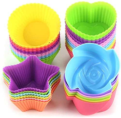 LetGoShop Silicone Cupcake Liners Reusable Baking Cups Nonstick Easy Clean Pastry Muffin Molds 4 Shapes Round, Stars, Heart, Flowers, 24 Pieces Colorful