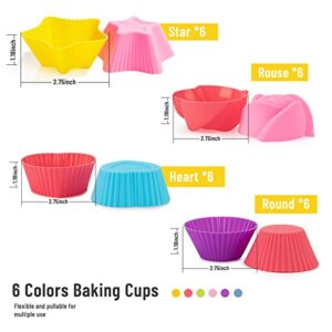 LetGoShop Silicone Cupcake Liners Reusable Baking Cups Nonstick Easy Clean Pastry Muffin Molds 4 Shapes Round, Stars, Heart, Flowers, 24 Pieces Colorful