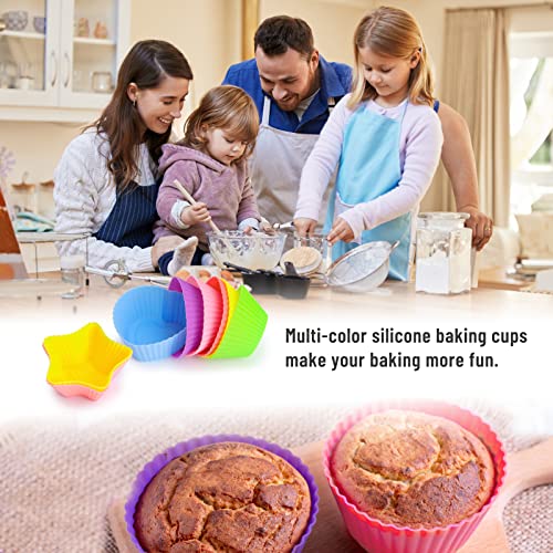 LetGoShop Silicone Cupcake Liners Reusable Baking Cups Nonstick Easy Clean Pastry Muffin Molds 4 Shapes Round, Stars, Heart, Flowers, 24 Pieces Colorful