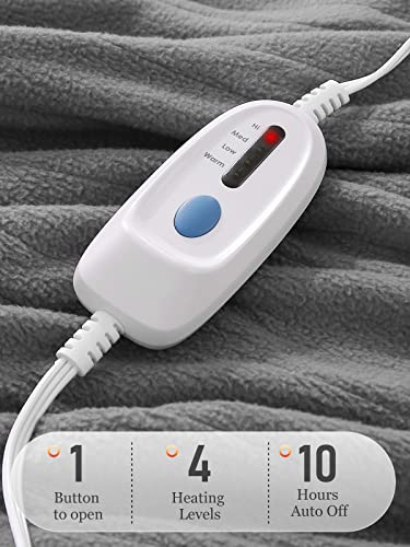 CURECURE Electric Heated Blanket 62'' x 84'' Electric Blanket for Whole Body Warming, ETL and FCC Certification Fast Heating with 4 Heating Levels & 10 Hours Auto-Off, Machine Washable, Grey