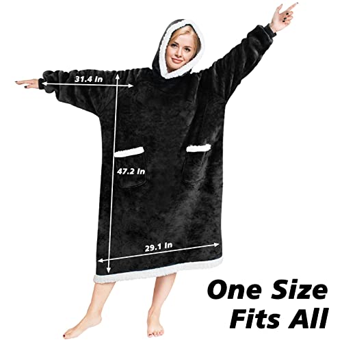 DUCHIFAD Wearable Blanket Hoodie, Oversized for Women Men and Adult, 47.2in/120cm - Flannel, Fleece, Polyester - Giant Warm Cozy Blanket Sweatshirt for Gift, Black