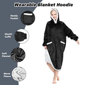 DUCHIFAD Wearable Blanket Hoodie, Oversized for Women Men and Adult, 47.2in/120cm - Flannel, Fleece, Polyester - Giant Warm Cozy Blanket Sweatshirt for Gift, Black