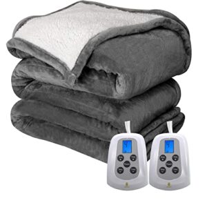 marquess electric blanket queen size, sherpa flannel heated blanket with dual control, 10 heat settings, automatic shut off adjustable, machine washable (grey, queen)