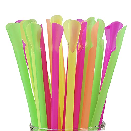 Concession Essentials 8'' Unwrapped Snow Cone Spoon Straw Assorted Bright Colors. Pack of 200ct.