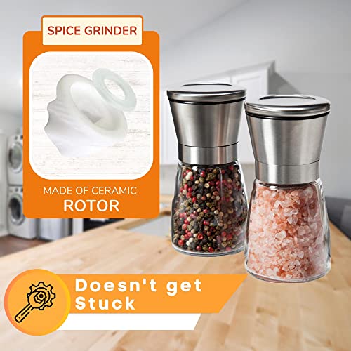 Professional Salt and Pepper Grinder Set – Premium Stainless Steel Salt and Pepper Shakers with Ceramic Spice Grinder Mill for Adjustable Coarseness - Added Bonus a Bamboo spoon and a Cleaning Brush.