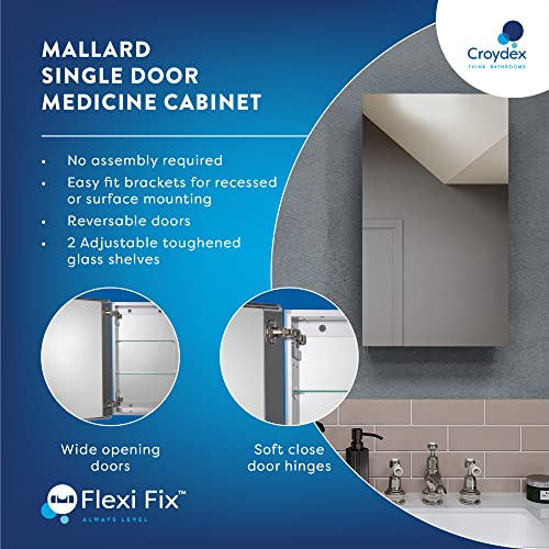 Croydex Mallard Single Door, Recessed or Surface Mount, Hang 'n' Lock Easy Installation Medicine Cabinet, 15W x 26H, Aluminum