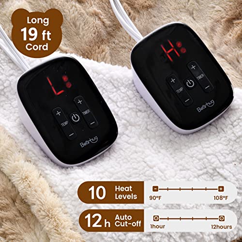 Bearhug Electric Blanket Queen Size 84" x 90", Dual Controller Heated Blanket, Faux Fur/Sherpa, 10-Heat Levels & 1-12H Auto Off, 5-Year Warranty, Over-Heat Protect, ETL, Machine Washable