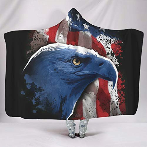 American Flag Eagle Hooded Blanket Warm Cozy Super Soft Sherpa Throw Blanket Plush Fleece Blanket Wearable Blanket Hoodie Blanket for Kids and Adults White 60x80 inch