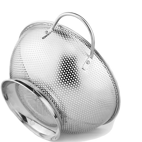 DLD Stainless Steel Micro-Perforated 5-Quart Colander - Professional Strainer with Heavy Duty Handles and Self-draining Solid Ring Base - Dishwasher Safe