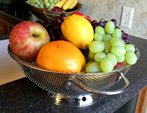 DLD Stainless Steel Micro-Perforated 5-Quart Colander - Professional Strainer with Heavy Duty Handles and Self-draining Solid Ring Base - Dishwasher Safe