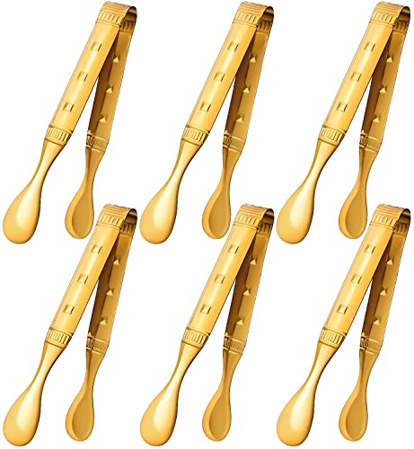 IAXSEE 6-Pieces 6 Inch Gold Tongs Mini Tongs for Appetizers, Gold Serving Utensils Small Tongs for Serving Appetizers Ice Tongs Sugar Tongs