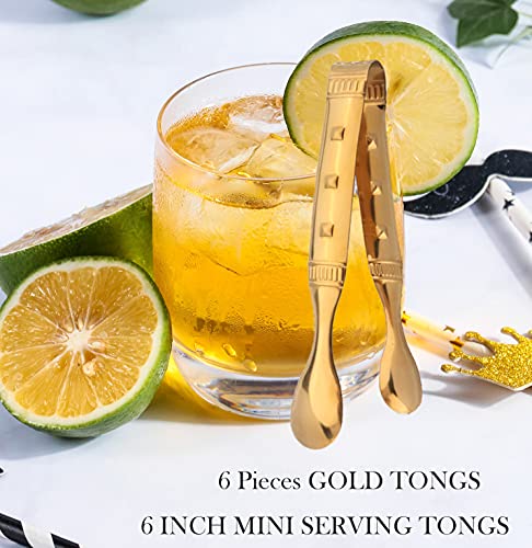 IAXSEE 6-Pieces 6 Inch Gold Tongs Mini Tongs for Appetizers, Gold Serving Utensils Small Tongs for Serving Appetizers Ice Tongs Sugar Tongs