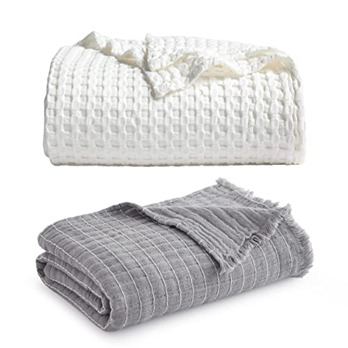 Bedsure Bamboo Cotton Blankets White King & Bedsure 100% Cotton Muslin Blankets Grey Throw