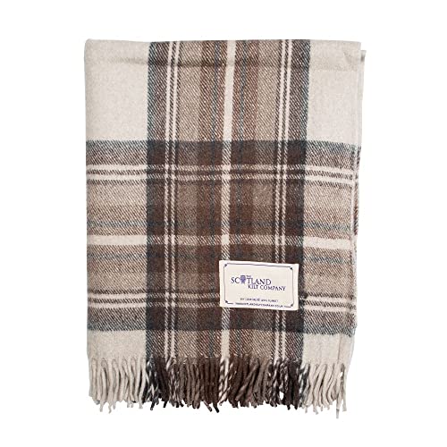 The Scotland Kilt Company Picnic Rug Scottish Tartan Throw in Stewart Natural Dress - Warm 100% Wool Travel Blanket with Fringed Edges - 60 x 70