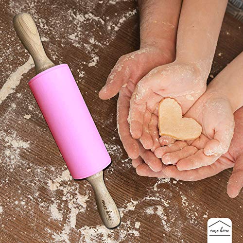 Mini Silicone Rolling Pin for Kids Baking - Nonstick Surface Wooden Handle (9" Small)