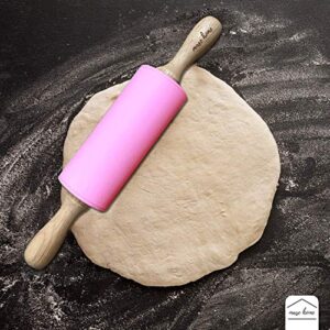 Mini Silicone Rolling Pin for Kids Baking - Nonstick Surface Wooden Handle (9" Small)