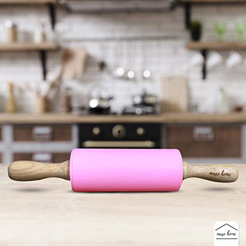 Mini Silicone Rolling Pin for Kids Baking - Nonstick Surface Wooden Handle (9" Small)