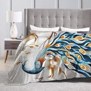 Flannel Fleece Blanket Printed Soft and Fluffy Warm Comfortable Foldrable Sherpa Throw Blanket,Beautiful Peacock and Flowers Gifts for Kids Women and Adults, Used for Sofa Bed Travel Camping