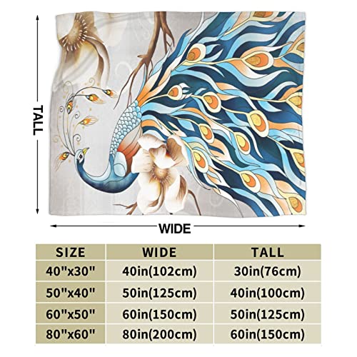 Flannel Fleece Blanket Printed Soft and Fluffy Warm Comfortable Foldrable Sherpa Throw Blanket,Beautiful Peacock and Flowers Gifts for Kids Women and Adults, Used for Sofa Bed Travel Camping