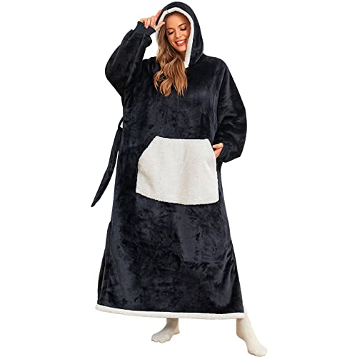 Jezero Wearable Blanket Hoodie Oversized, Flannel Sherpa Fleece Blanket Sweatshirt for Adults Women Men with Hood, Belt, Pocket & Sleeves, One Size Fits All