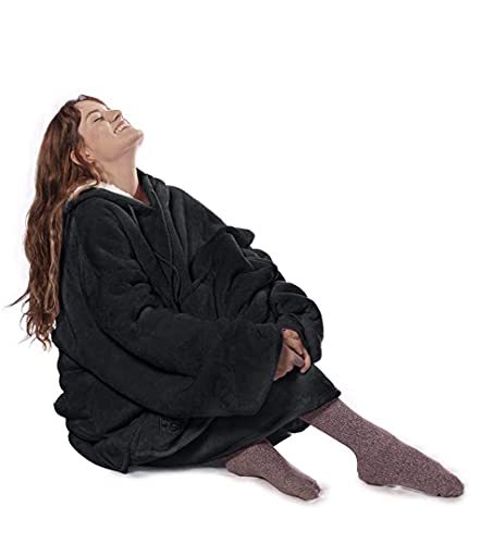 Sherpa Oversized Hoodie Blanket - Double Sided Sweatshirt Blanket Hoodie Women / For Men And Kids | Big Wearable Blanket For Adults And Teens One Size Fits All |  The Ultimate Gift - Reluxie (Black)