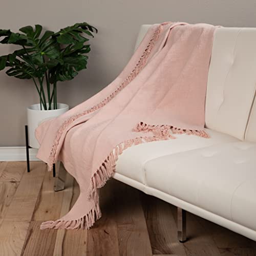 Sticky Toffee Blush Pink Woven Cotton Throw Blanket with Fringe, Textured Throw Blankets, Thick and Durable Decorative Throw, Oeko-Tex Cotton, 50 in x 60 in