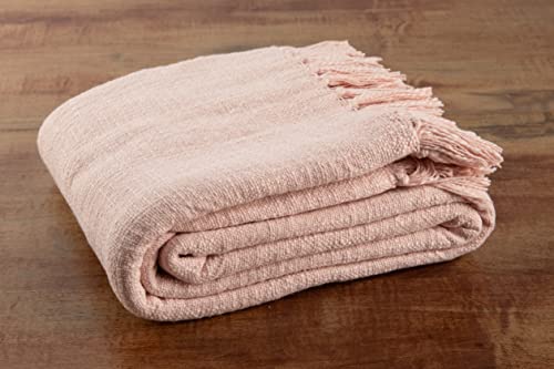 Sticky Toffee Blush Pink Woven Cotton Throw Blanket with Fringe, Textured Throw Blankets, Thick and Durable Decorative Throw, Oeko-Tex Cotton, 50 in x 60 in