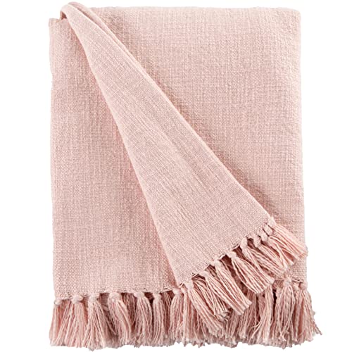 Sticky Toffee Blush Pink Woven Cotton Throw Blanket with Fringe, Textured Throw Blankets, Thick and Durable Decorative Throw, Oeko-Tex Cotton, 50 in x 60 in