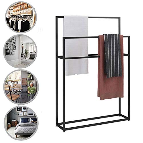 M-TOP Bathroom Towel Holder Stand Floor, Free Standing Towel Rack Ladder, 2 Tier Black Towel Rail Stainless Steel Towel Valet, Blanket Stand Rail for Comforters, Clothes and Quiltsblack-85x20x110