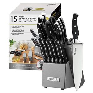 mccook® mc25a knife sets,15 pieces german stainless steel kitchen knife block set with built-in sharpener