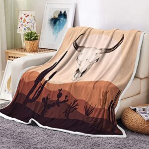 western cow skull throw blanket, boho bull longhorn skull head mid century modern fleece blanket, minimalist mountain cactus moon bohemian aesthetic soft plush blanket, 50x60in