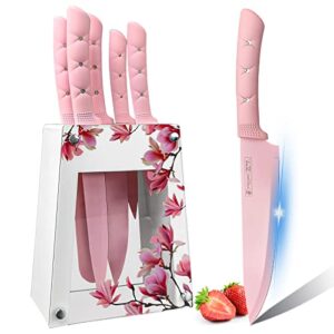 kitchen knife set, retrosohoo pink flower 6pc stainless steel sharp chef knife set with acrylic stand, cooking non-slip knife set with block, non-stick colorful coating gift for women girls (pink)