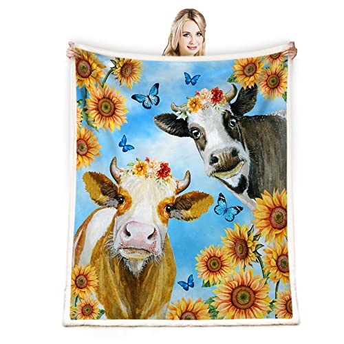 Onecmore Funny Cow Blanket for Kids Girl Cow Print Blanket for Women Cow Gifts for Cow Lovers Farm Animal Sunflower butterfly Soft Cozy Birthday Gifts for Couch Bed Chair Sofa Livingroom Decor 50"x60"